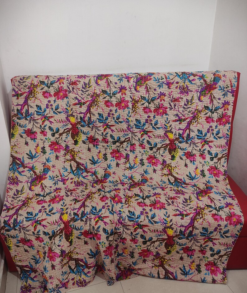 Handmade Floral Bird Cotton Kantha Quilt, Indian Bedspread - Etsy