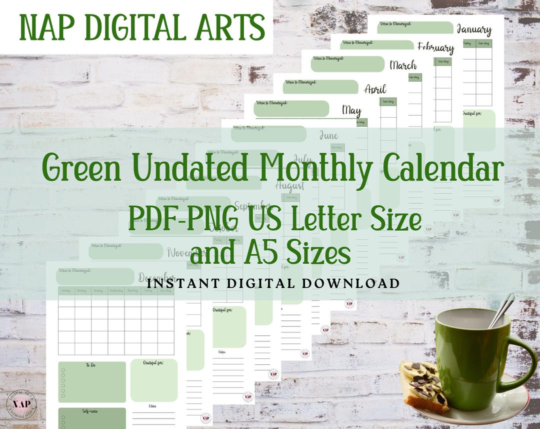 Green Undated Monthly Calendar, Printable Monthly Overview, Monthly ...