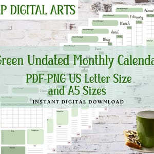 Green Undated Monthly Calendar, Printable Monthly Overview, Monthly ...