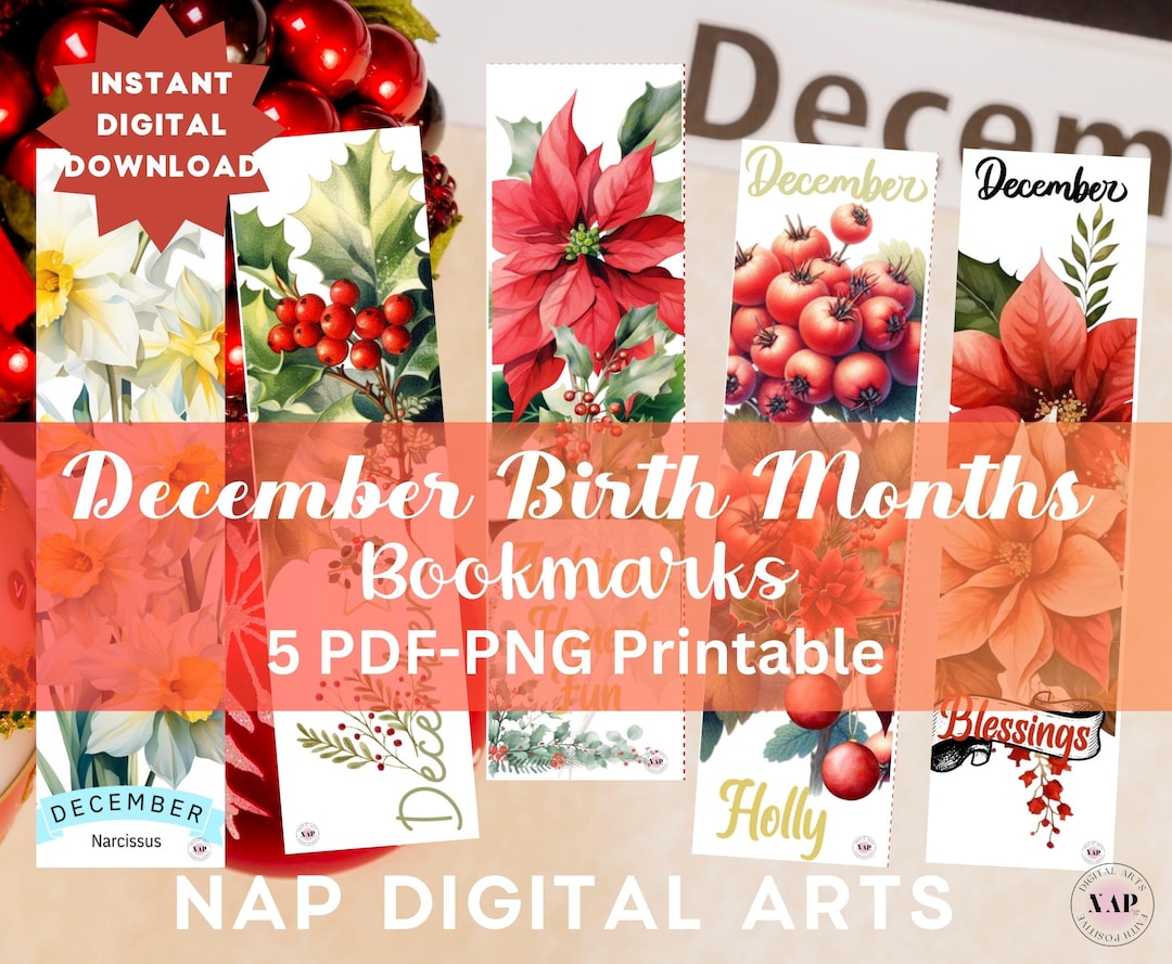 December Birth Month Bookmarks, December Birth Flower Printable, Holly ...
