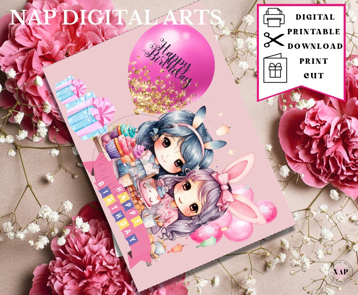 Happy Birthday Card Printable, Birthday Printable Set, Girl Happy ...