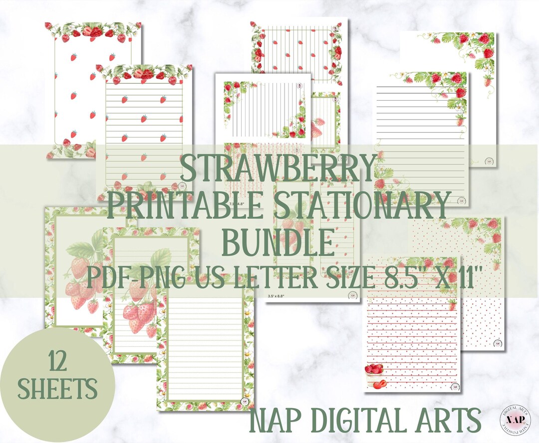 Strawberry Printable Stationary, Floral Strawberry Stationery, Berry ...