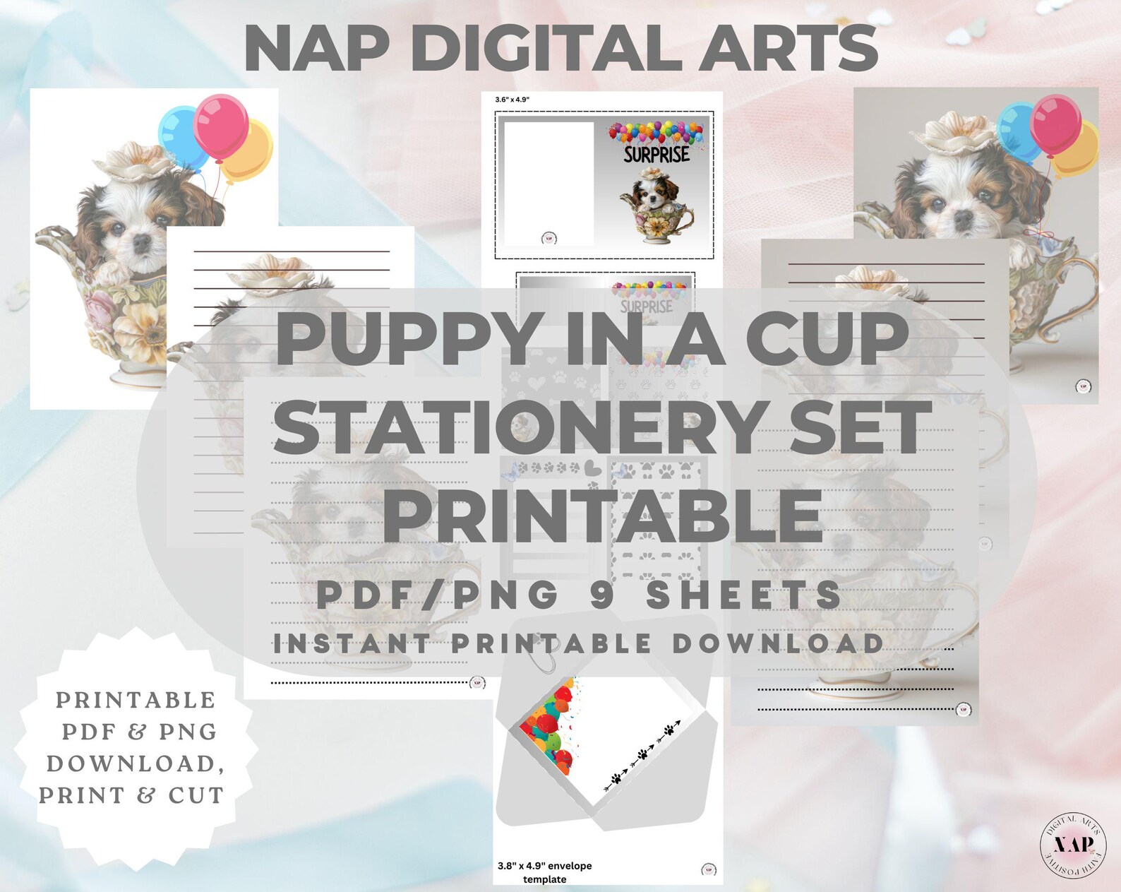 Puppy in a Cup Stationery, Teacup Dog Printable, Cute Puppy Notes Card ...
