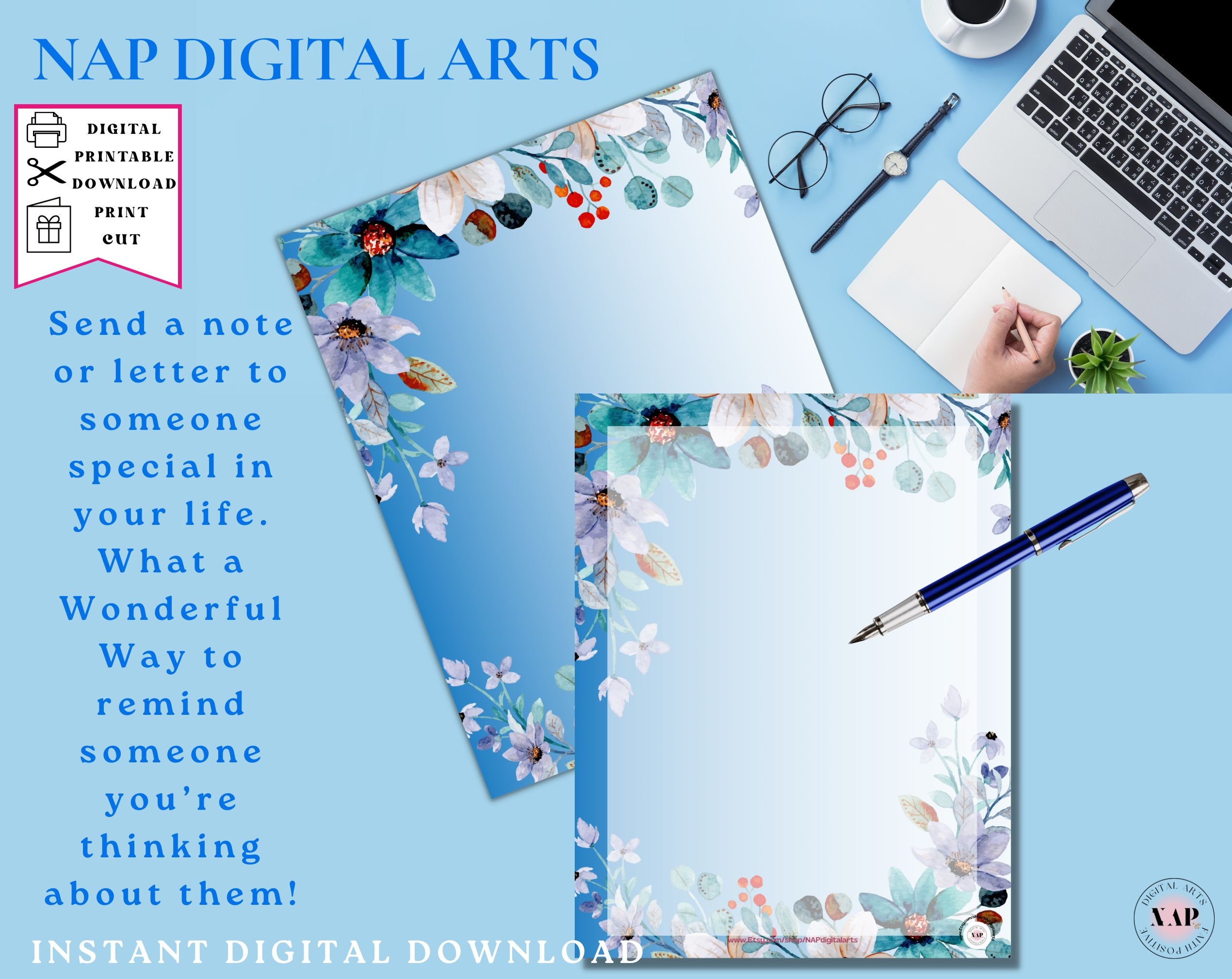 Printable Stationery Bundle, Blue Floral Teapot Melody, Printable ...