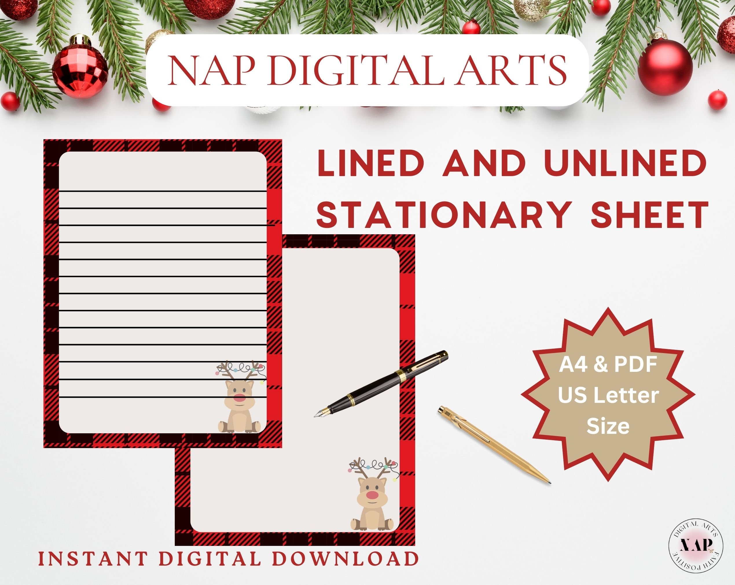 Christmas Decor Stationary, Printable Lined Paper, Printable Stationary ...