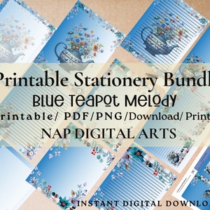 Printable Stationery Bundle, Blue Floral Teapot Melody, Printable ...