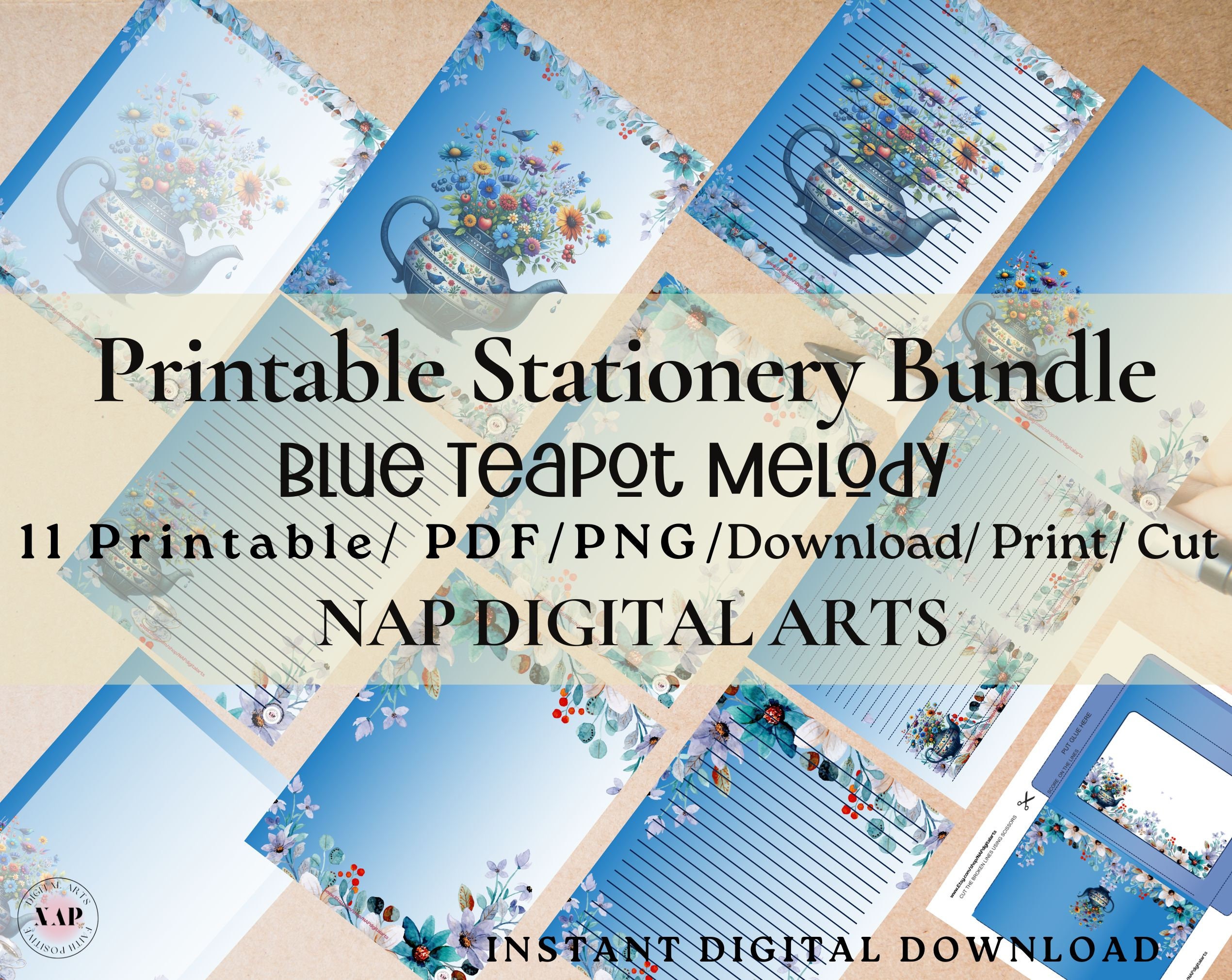 Printable Stationery Bundle, Blue Floral Teapot Melody, Printable ...
