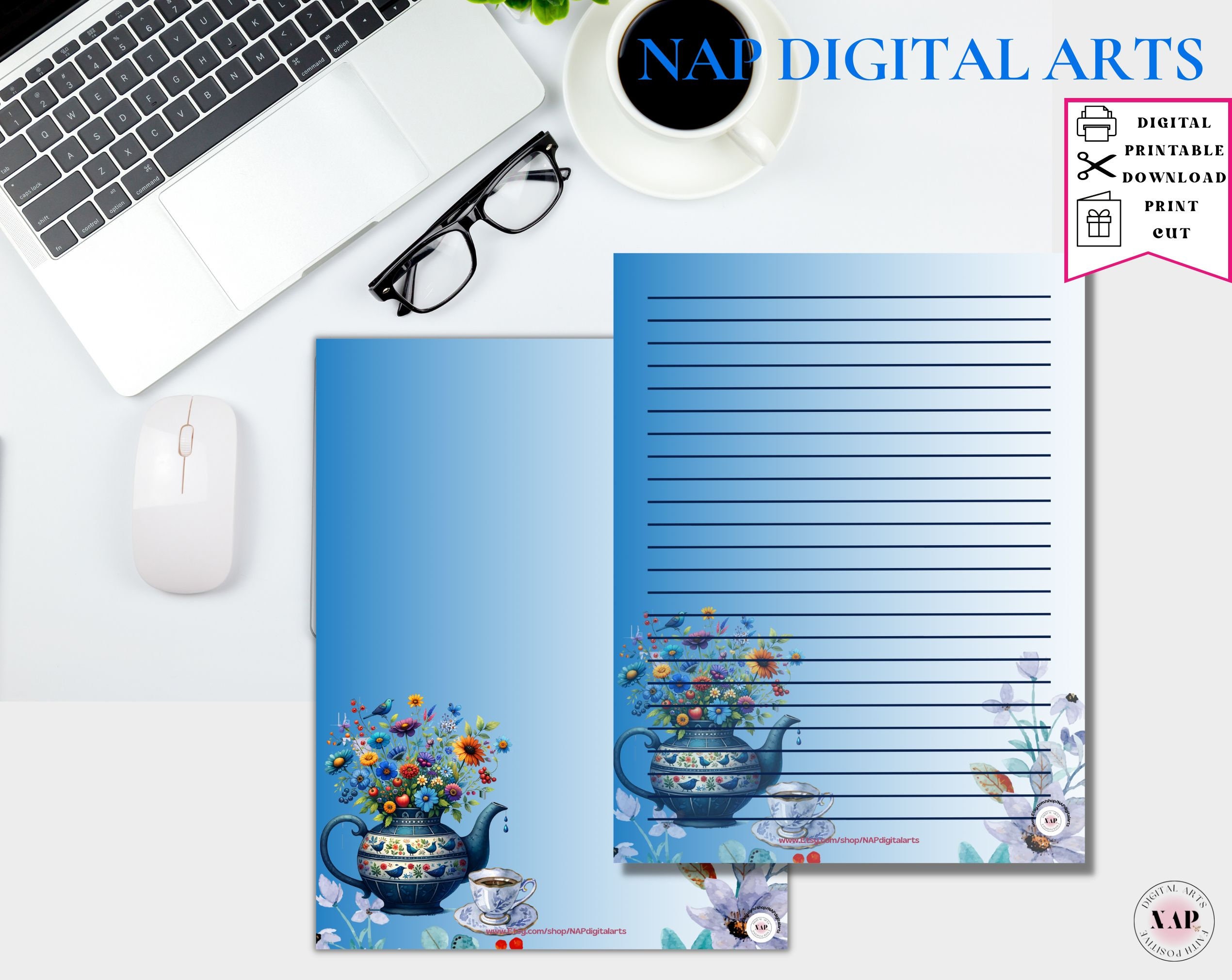 Printable Stationery Bundle, Blue Floral Teapot Melody, Printable ...