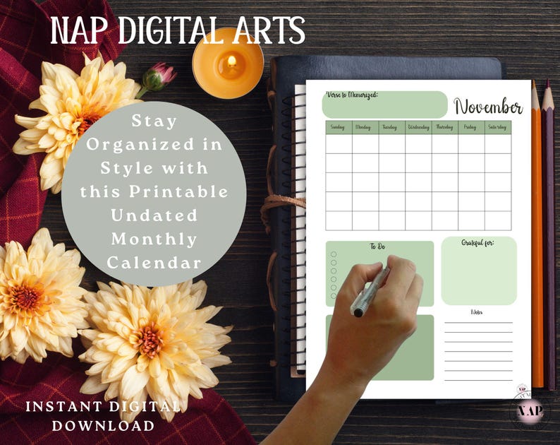 Green Undated Monthly Calendar, Printable Monthly Overview, Monthly ...