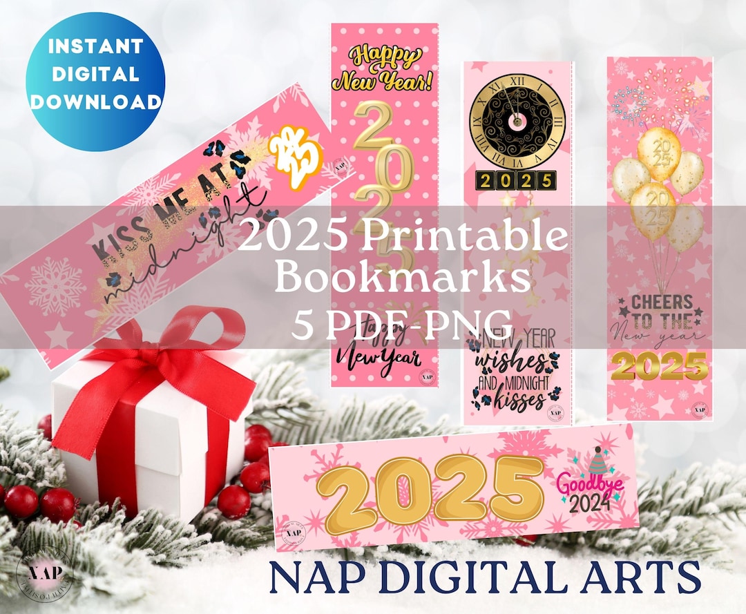 2025 Printable Bookmarks, New Years Eve Bookmark Set, Book Lover ...