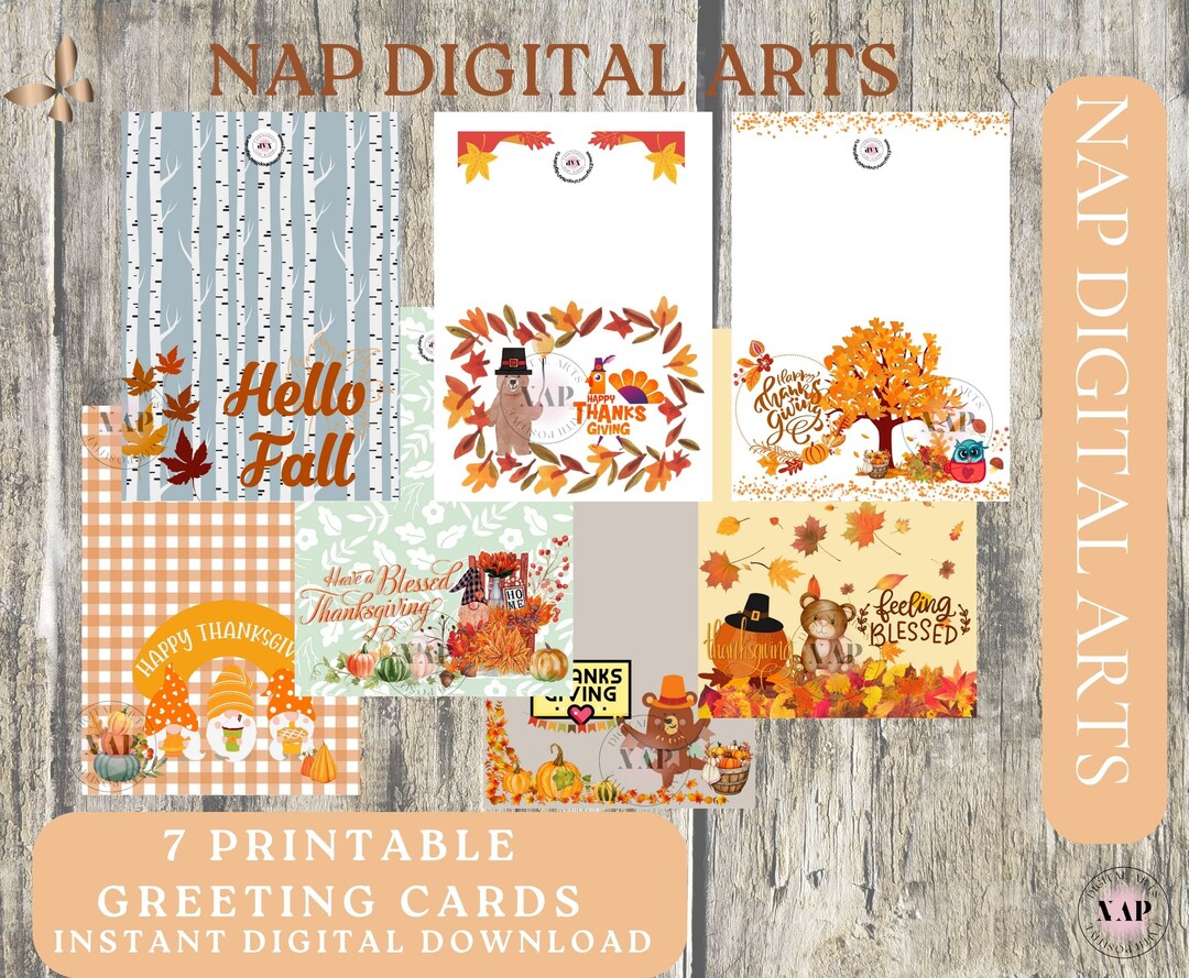 Fall Bundle Cards, Thanksgiving Cards Printable, Set of 7 Cards ...