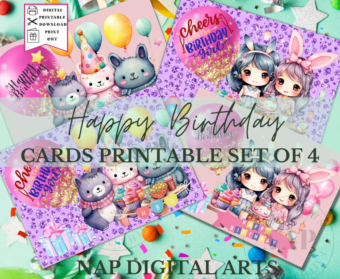 Happy Birthday Card Printable, Birthday Printable Set, Girl Happy ...