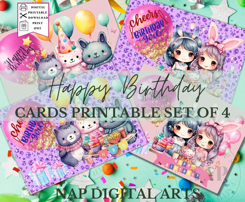 Happy Birthday Card Printable, Birthday Printable Set, Girl Happy ...