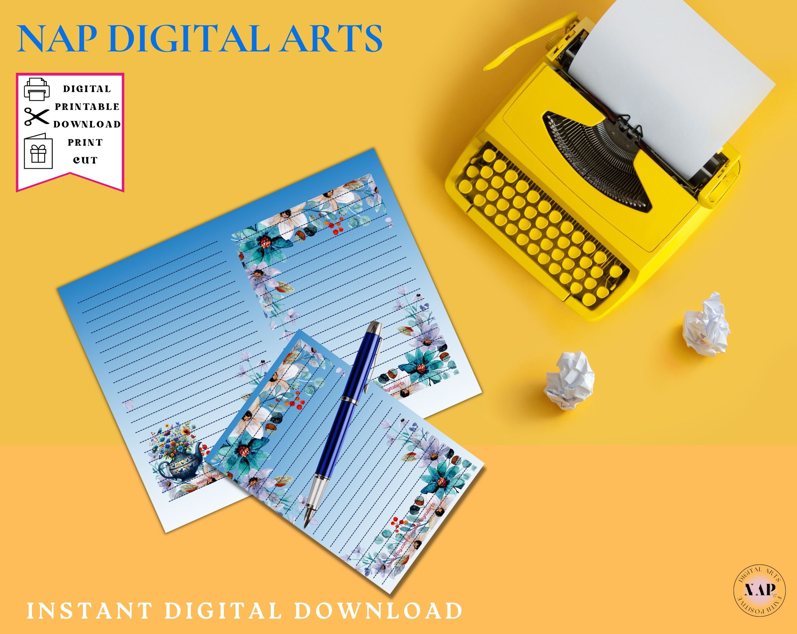 Printable Stationery Bundle, Blue Floral Teapot Melody, Printable ...