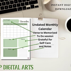 Green Undated Monthly Calendar, Printable Monthly Overview, Monthly ...