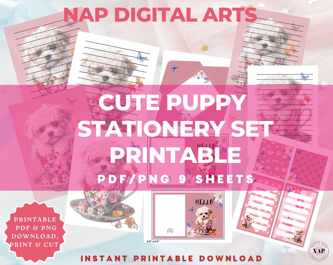 Cute Puppy Stationery Set, Dog Printable, Cute Animal Notecard, Writing ...