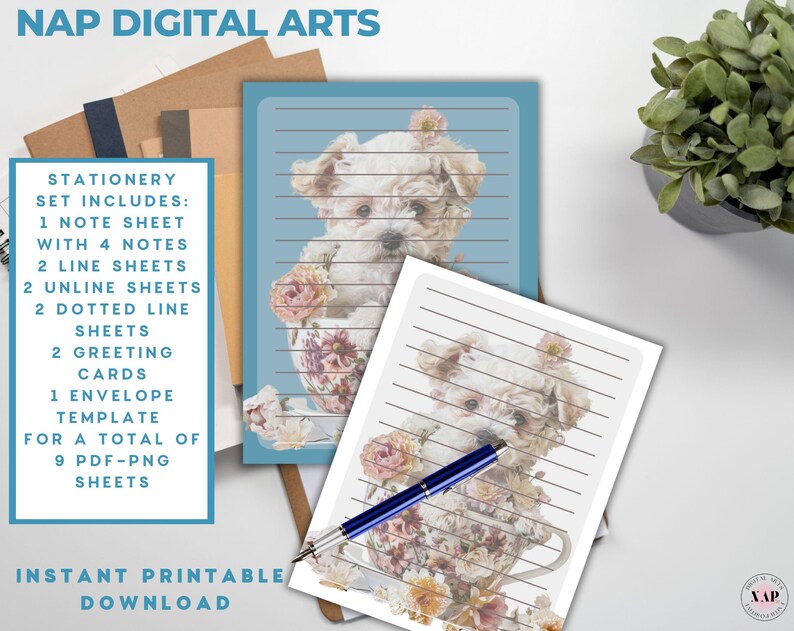 Puppy in a Cup Printable, Cute Doggie Stationery Set, Teal Teacup Dog ...