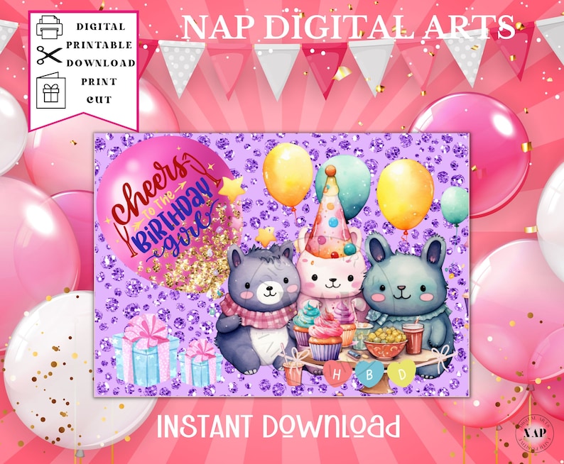 Pink Happy Birthday Card Printable, Birthday Printable Set, Girl Happy ...