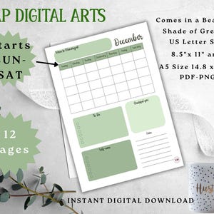 Green Undated Monthly Calendar, Printable Monthly Overview, Monthly ...