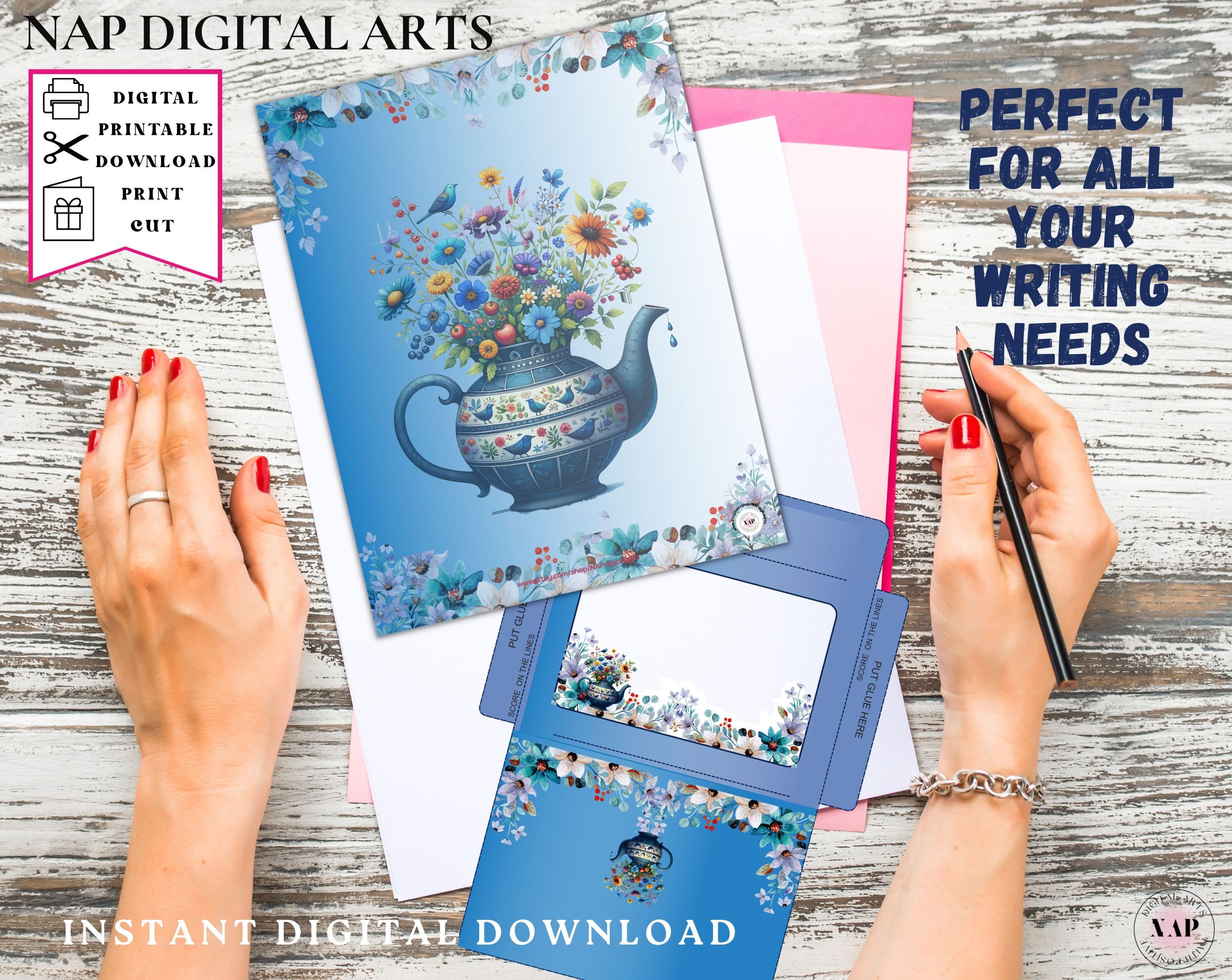 Printable Stationery Bundle, Blue Floral Teapot Melody, Printable ...