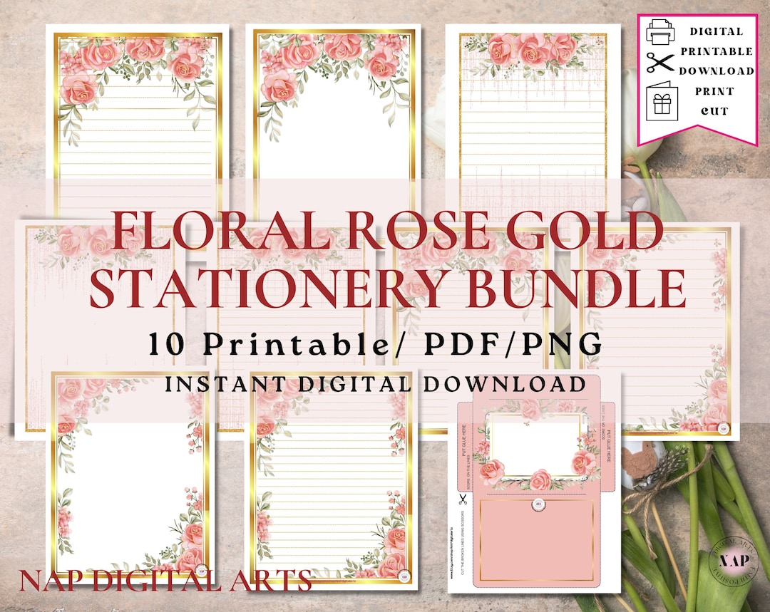 Floral Rose Gold Stationery Bundle, Roses Printable Stationary, Writing ...