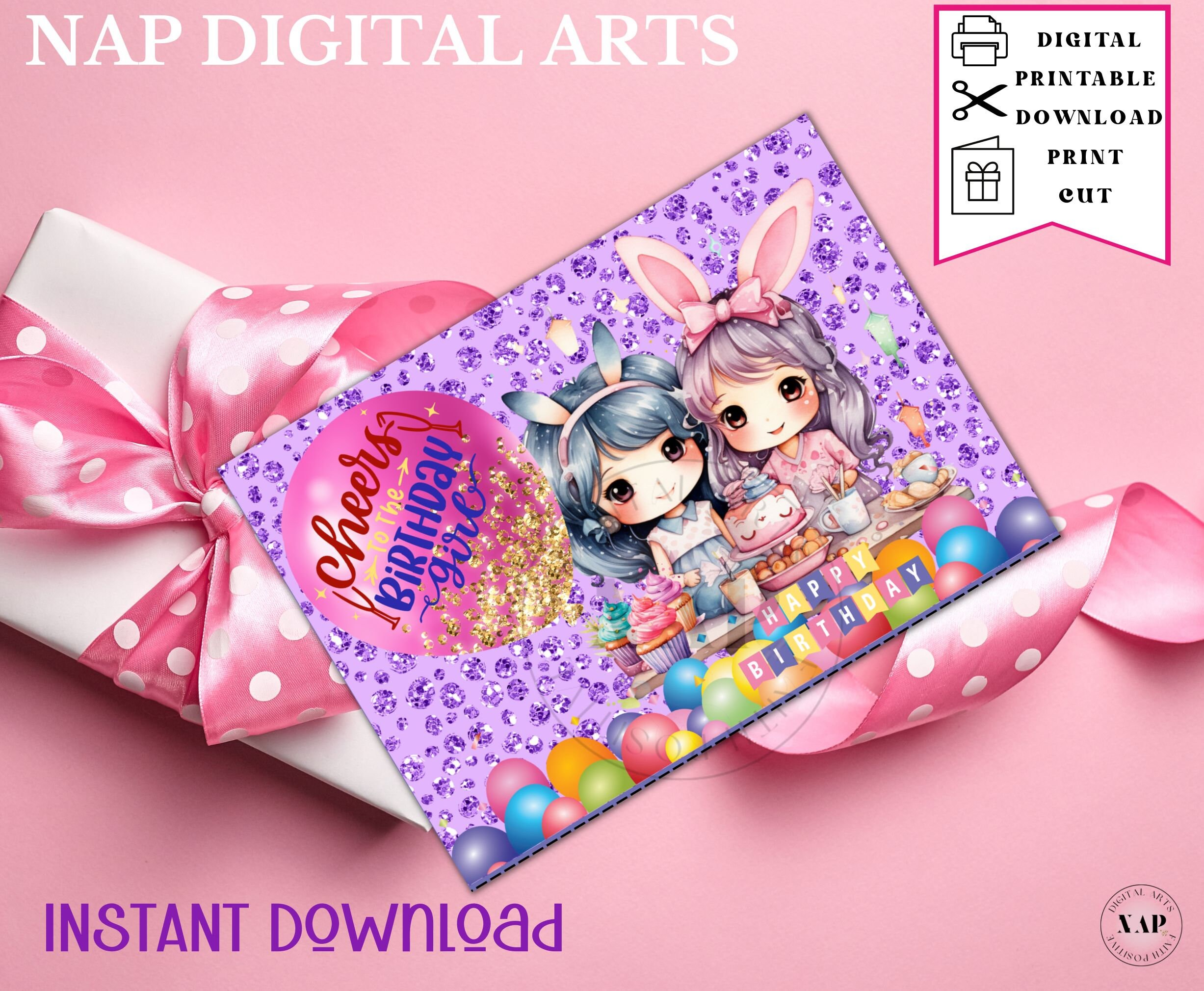 Happy Birthday Card Printable, Birthday Printable Set, Girl Happy ...