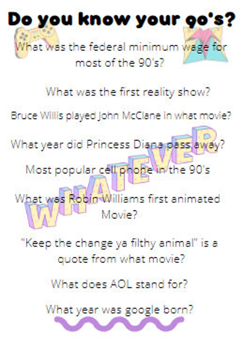 90s Trivia Game/ Printable Party Game/ Nostalgic/ Adult Game/print at ...