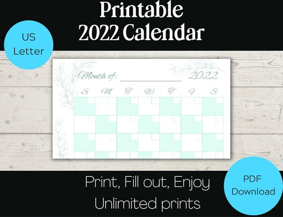 Monthly Calendar 2022/ Green/ Printable/ - Etsy