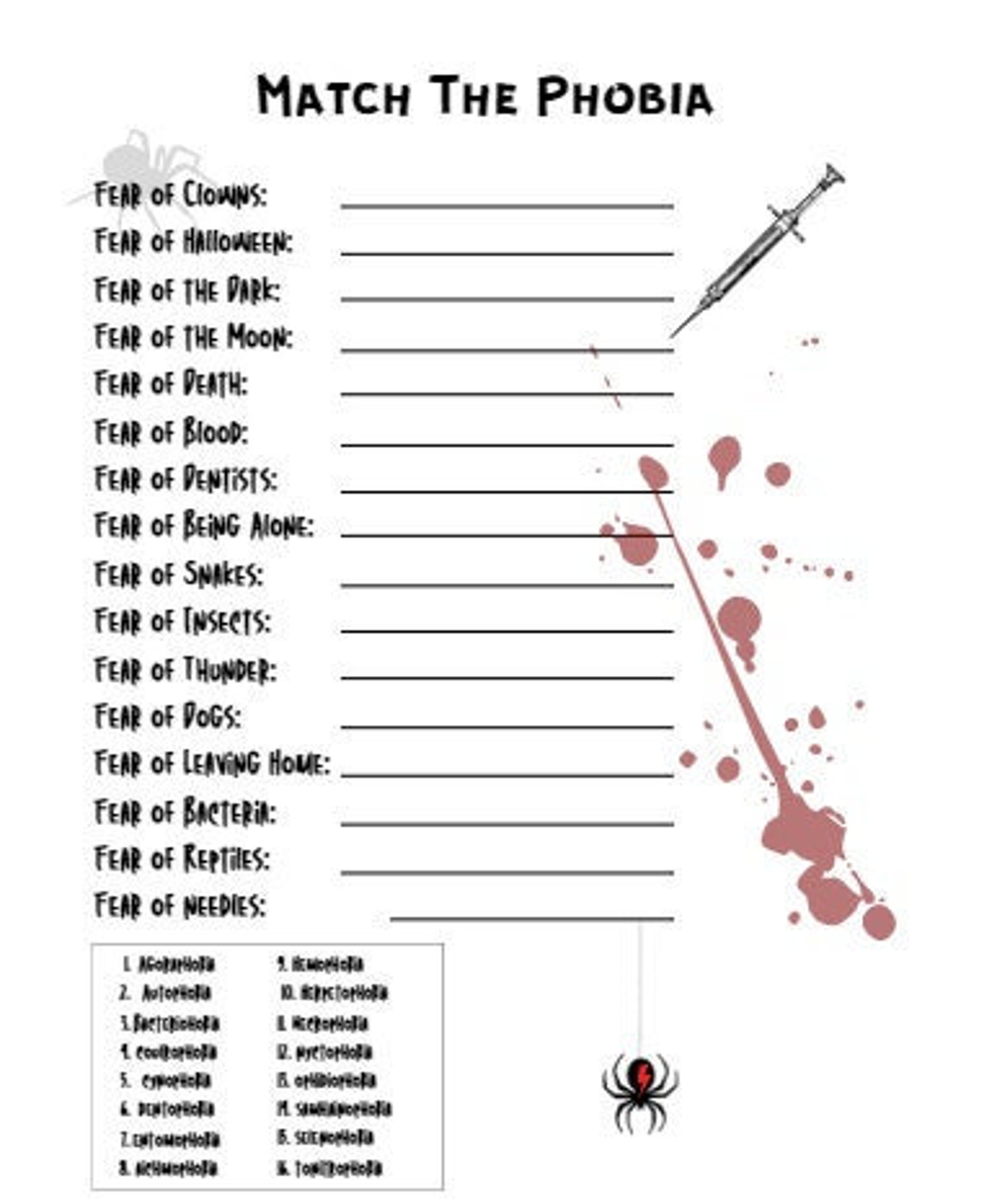 Halloween Game Phobia Match/ Printable Party Game/ Adult Party Game ...