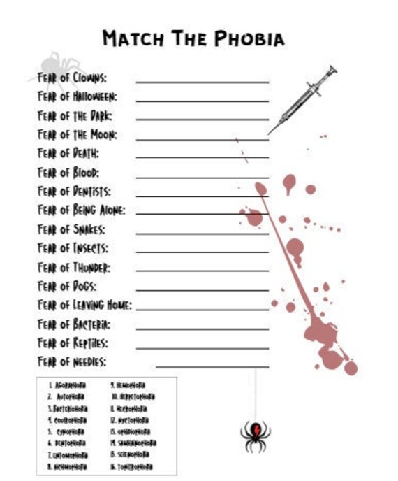 Halloween Game Phobia Match/ Printable Party Game/ Adult - Etsy