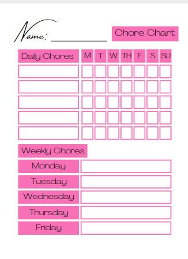 Chore Chart/ Printable to Do List/ Chores / Kids/ Adult/ Pink - Etsy