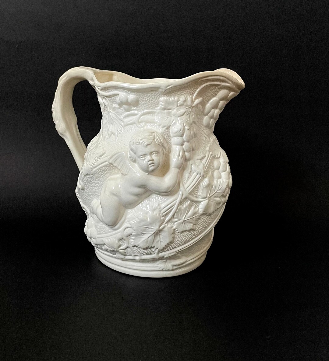 Antique Pitcher Vase Fine Bone China 3D Grape Cherub Water Jug Angel ...