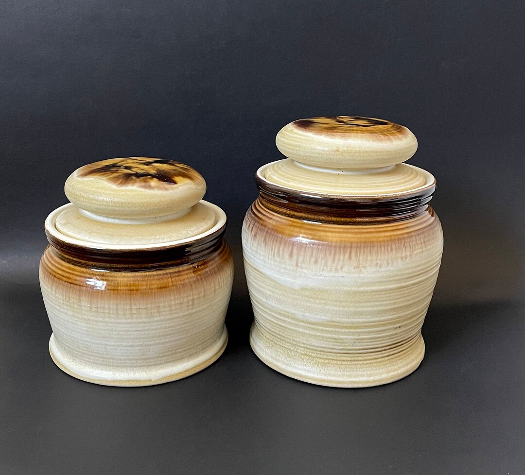 Set 2 Vintage Pottery Cookie Jar, Rustic Cottage Kitchenware, Earthy ...