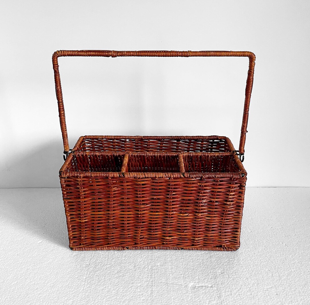 1970s Vintage Wicker Utensil Caddy With Handle, Tabletop Cutlery ...