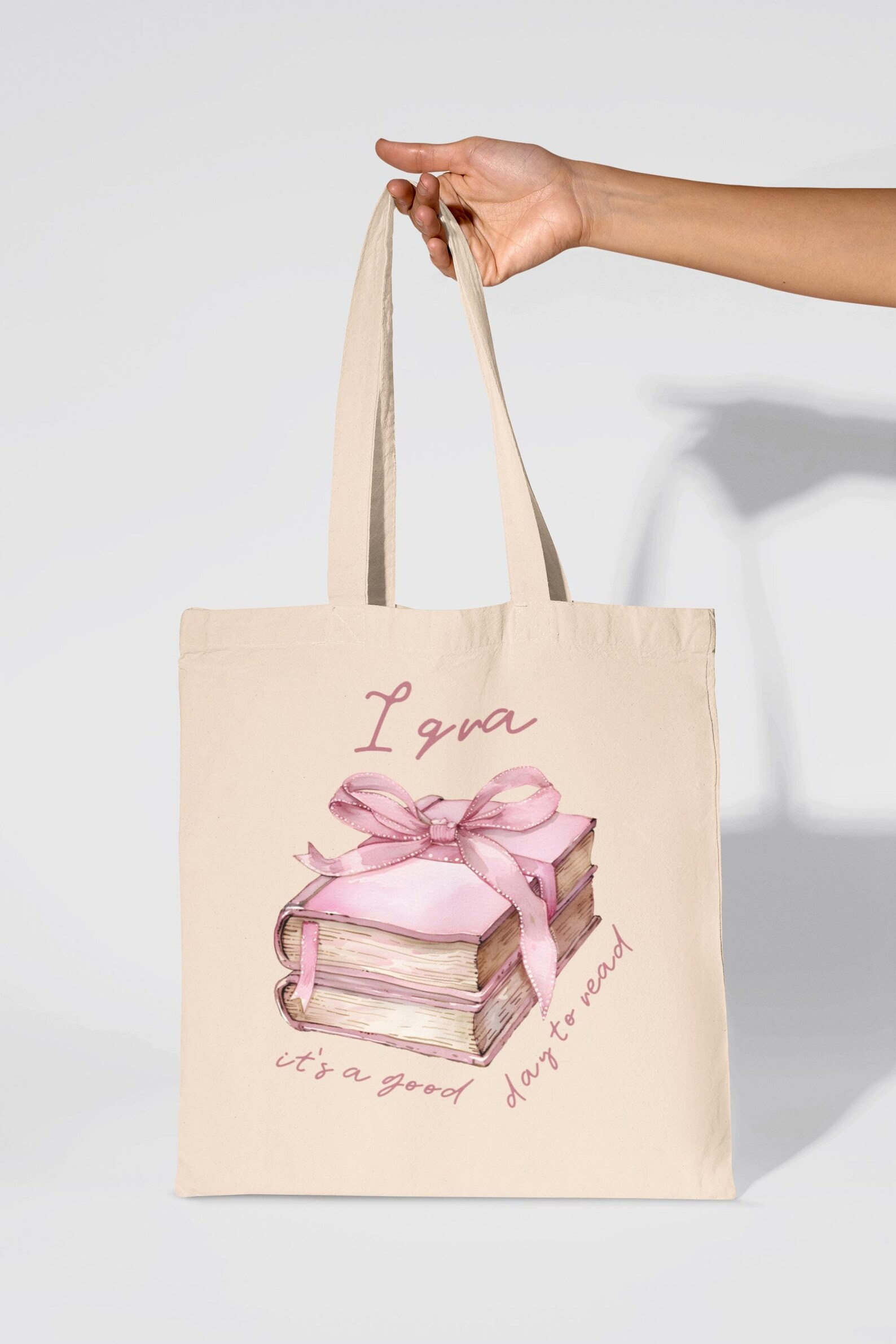 Iqra It's a Good Day to Read Cotton Canvas Tote Bag Pink Book Stack and ...
