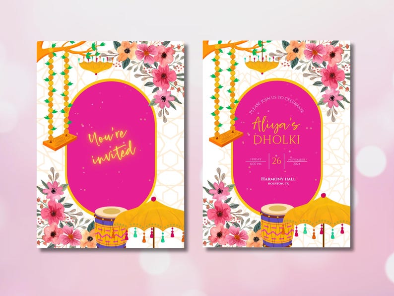 Pink Animated Dholki Mehndi Invitation, Digital Invitation Template ...