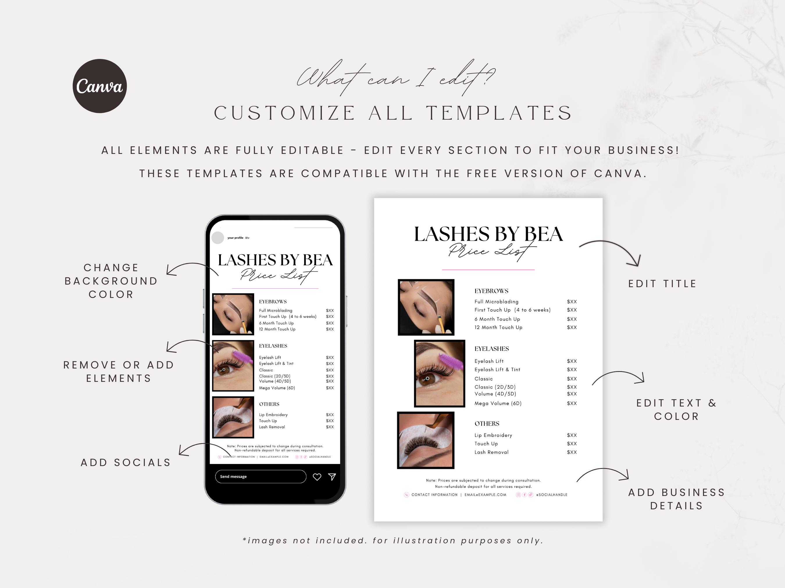 Editable Lash Tech Price Sheet Bundle Brow Lamination Price Template ...