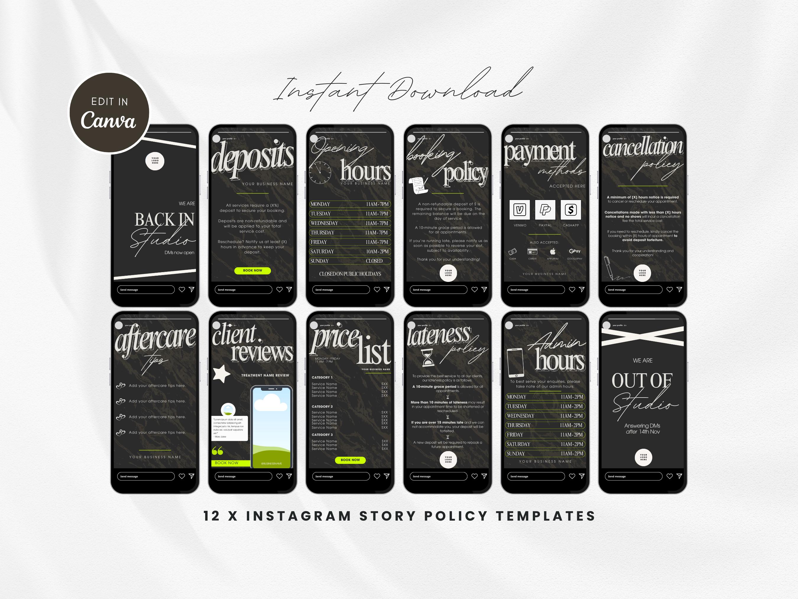Instagram Business Policy Templates | Editable Price List (digital ...