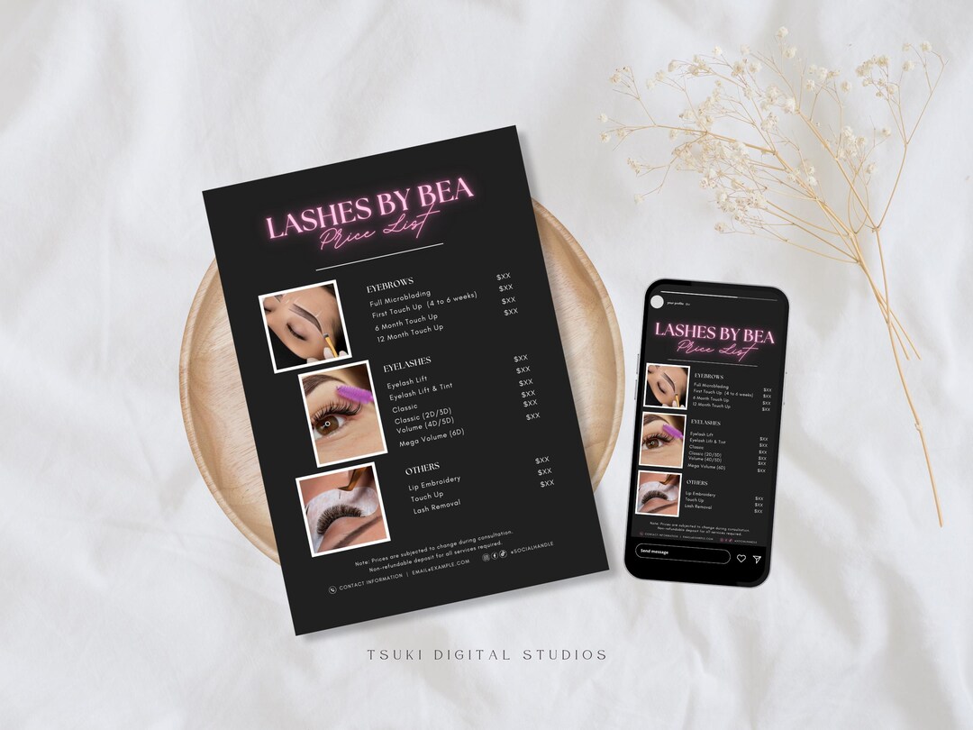 Editable Lashes Salon Pricing Sheet Canva Template | Brow Tech Price ...