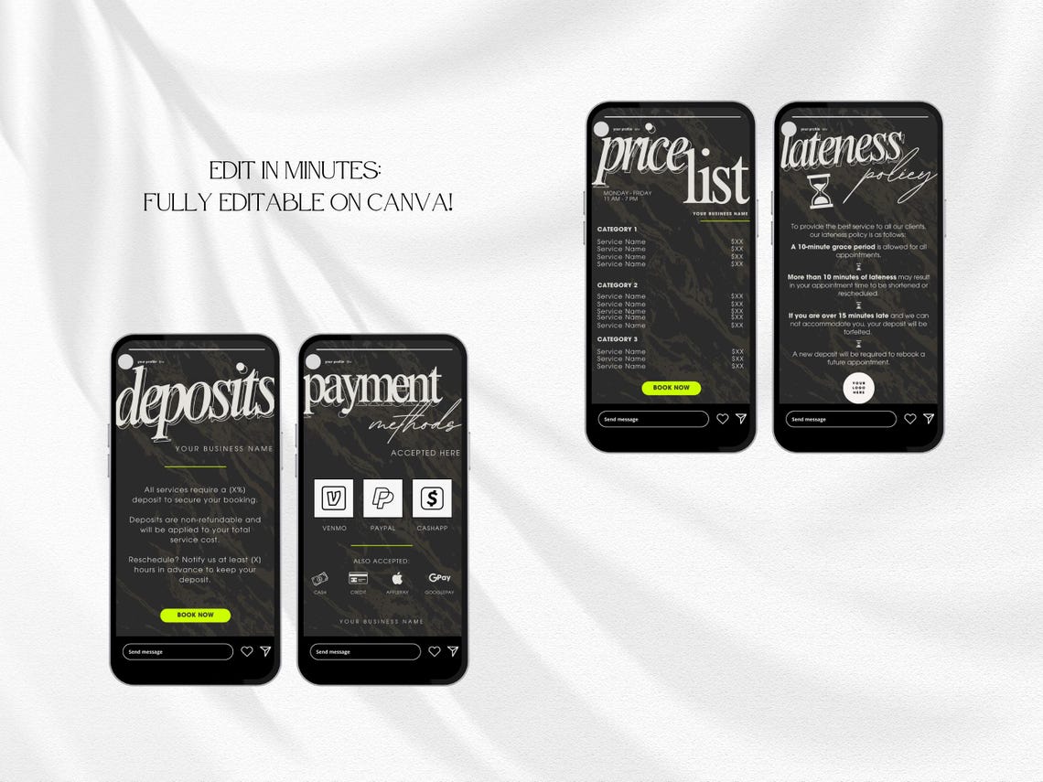 Instagram Business Policy Templates | Editable Price List (digital ...
