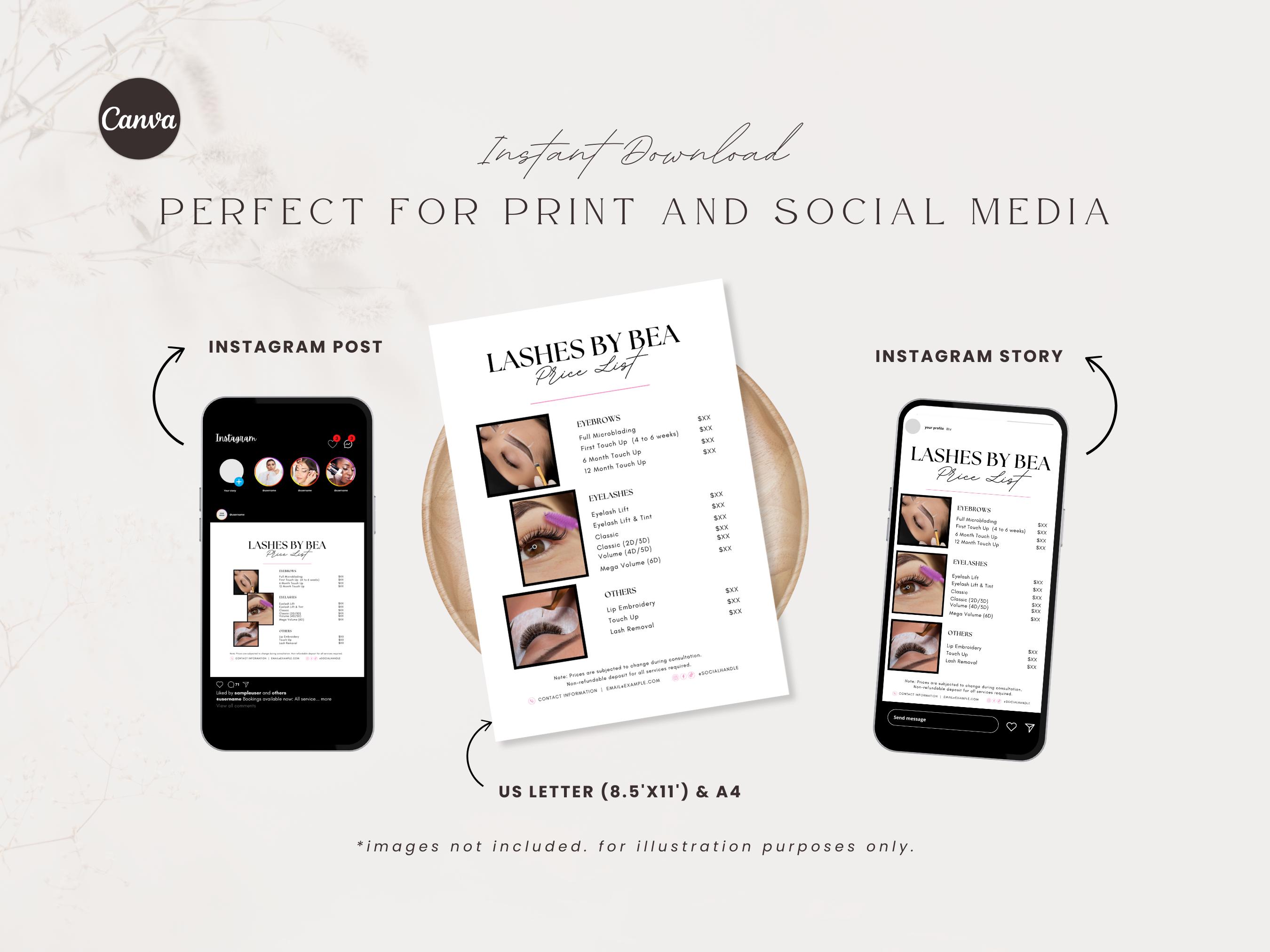 Editable Lash Tech Price Sheet Bundle | Brow Lamination Price Template ...