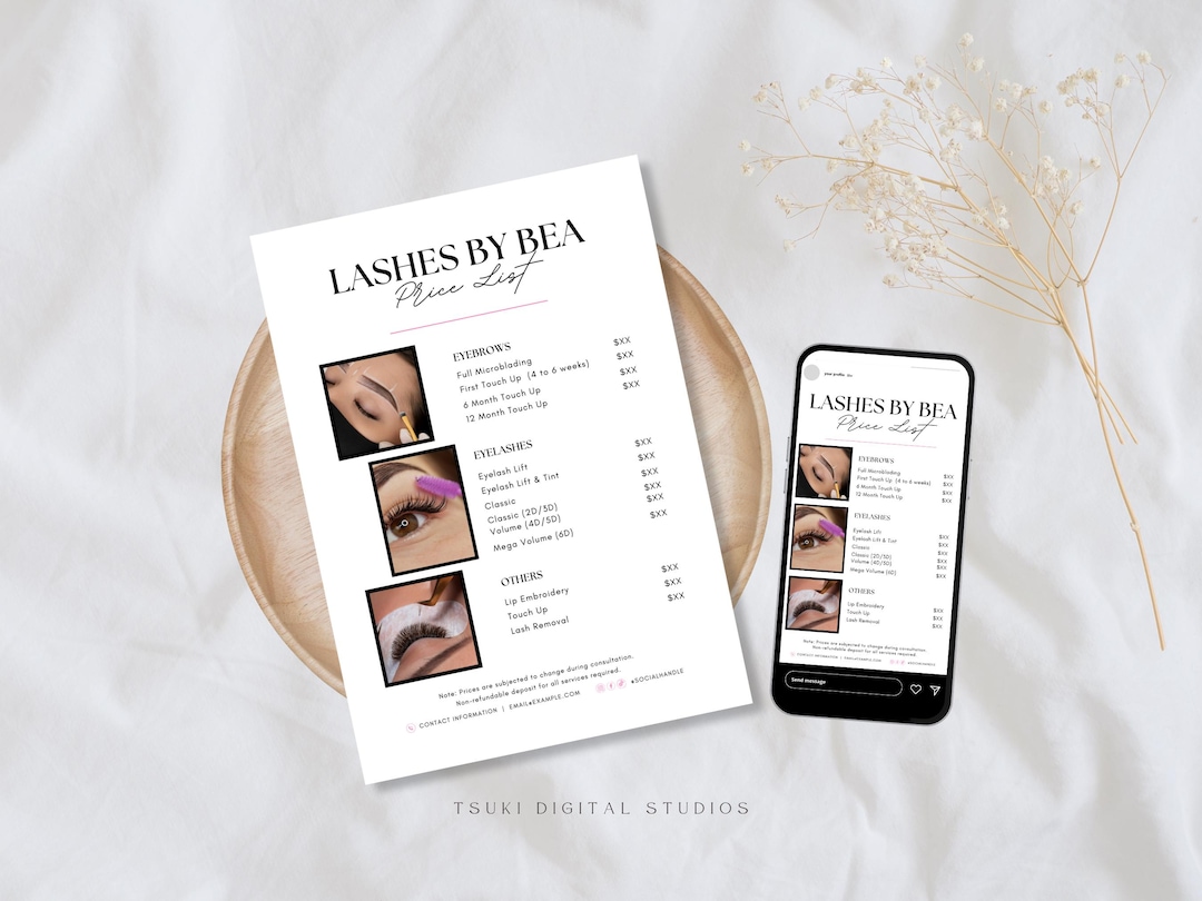 Editable Lash Tech Price Sheet Bundle | Brow Lamination Price Template ...