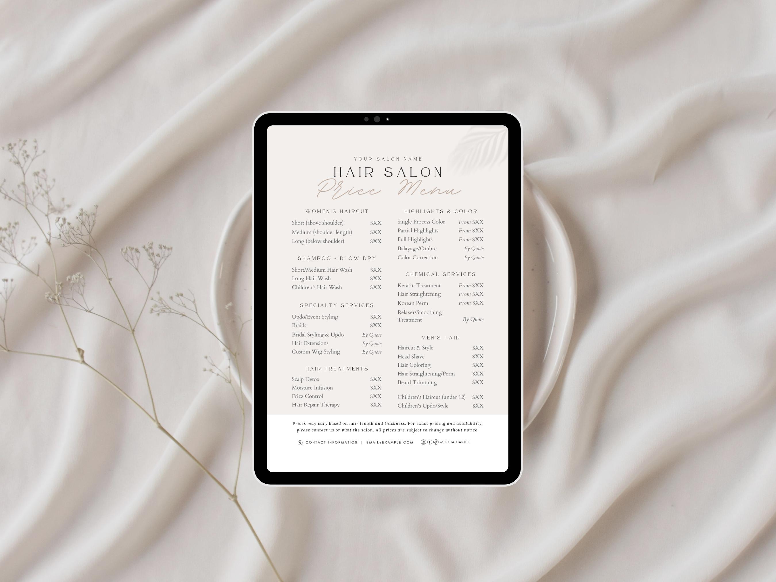 Minimalist Hair Salon Price List Bundle | Hair Service Pricing Menu ...