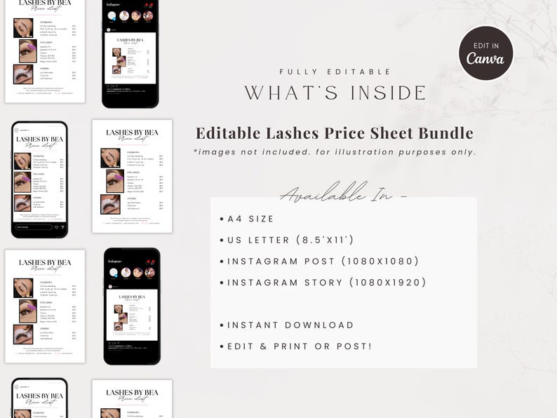 Editable Lash Tech Price Sheet Bundle Brow Lamination Price Template ...