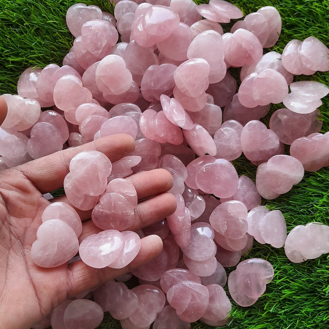 Twin Hearts, Rose Quartz Heart, Carved Puffed Gemstone Heart, Pink ...