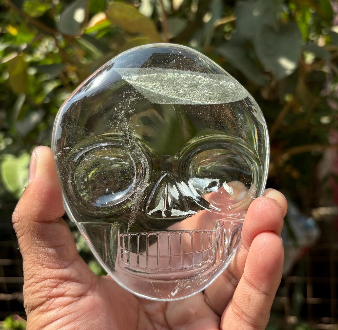 Clear Quartz Skull With Green Phantom on Top Hand Carved Sculpture for ...