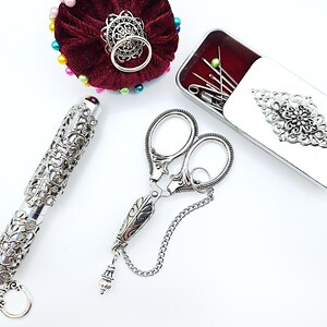 Ornate Mini Chatelaine Scissors W/ Embellished Safety Cover & Chain ...