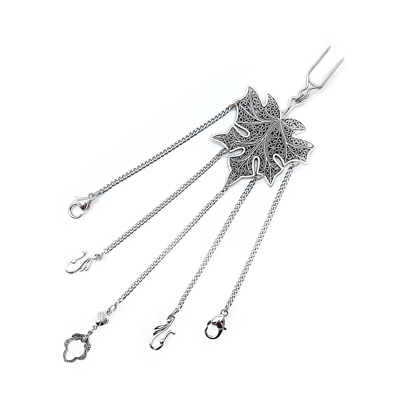 Filigree Maple Leaf Chatelaine W/ Five Accessory Chains & Acorn Charm ...
