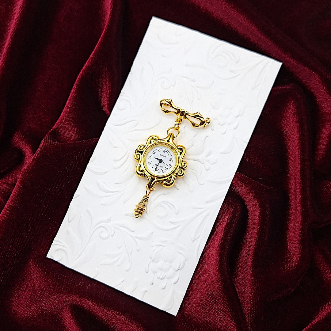 Victorian Style Swirls Fob Watch Brooch With Antique Gold Drop Ornament ...