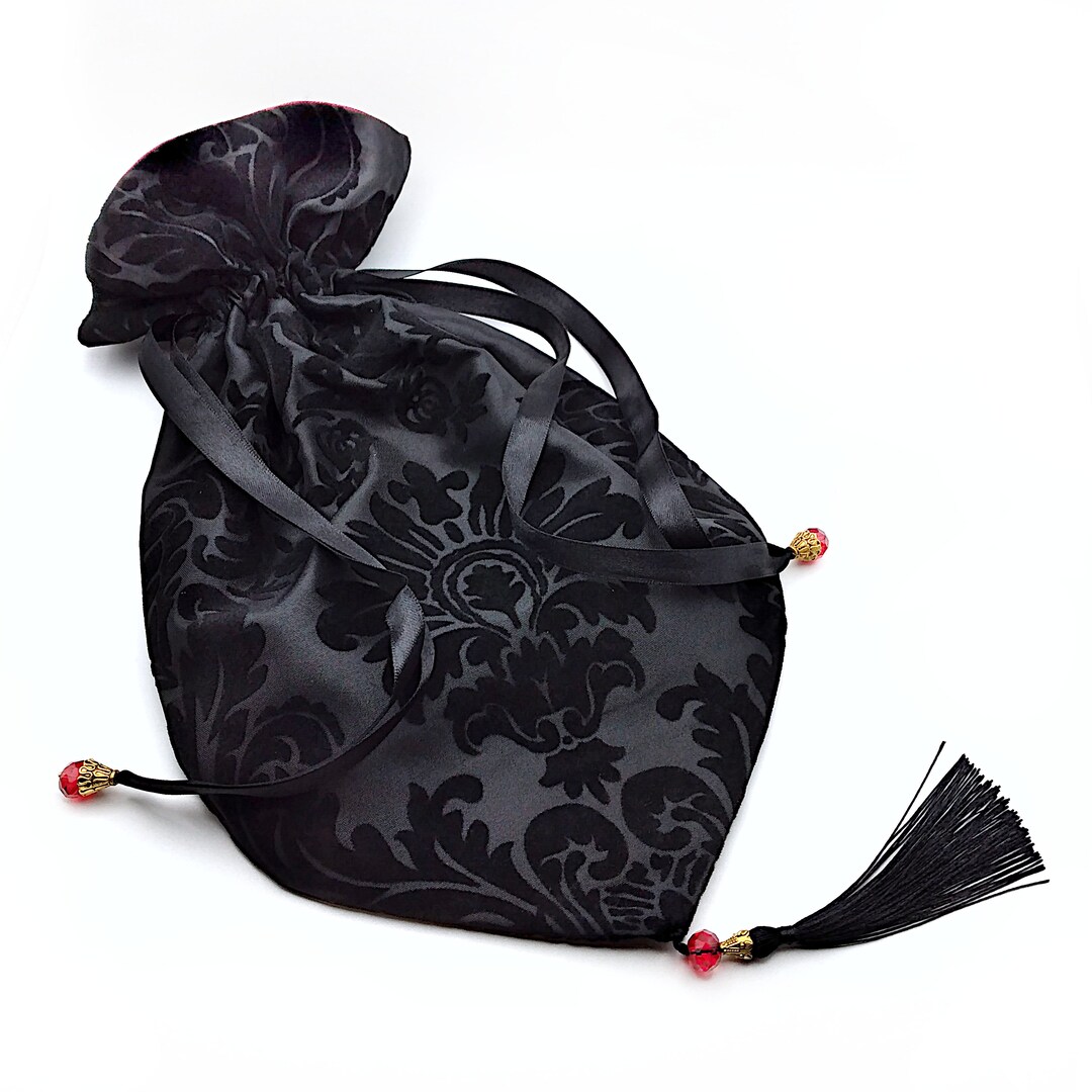 Black Flocked Damask Taffeta Reticule With Tassel- Gothic Purse ...
